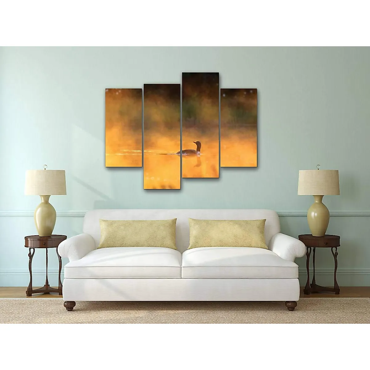 YKing1 red Throated Loon in Fog at Dawn Sunset Swims and Pictures Wall Art Painting Pictures Print On Canvas Stretched & Framed Artworks Modern Hanging Posters Home Decor 4PANEL