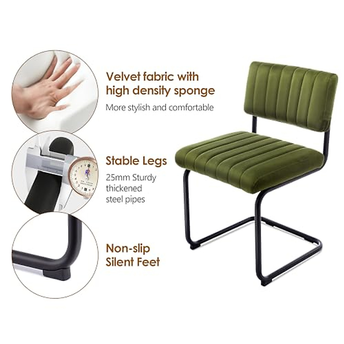 ONEVOG Green Velvet Dining Chairs Set of 2, Upholstered kitchen Dining Room Chair, Comfy Green Chair with Black Metal Legs, Cantilevered Design Chair for Bedroom, Living Room