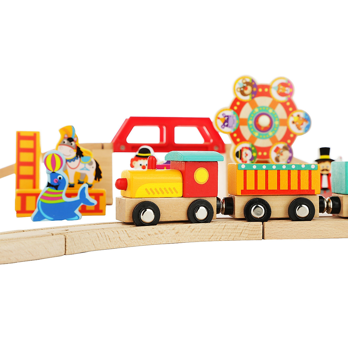 Wooden Train Set Toy Magnetic Trains Cars & Accessories for Toddlers & Kids 3+ Circus Train Set