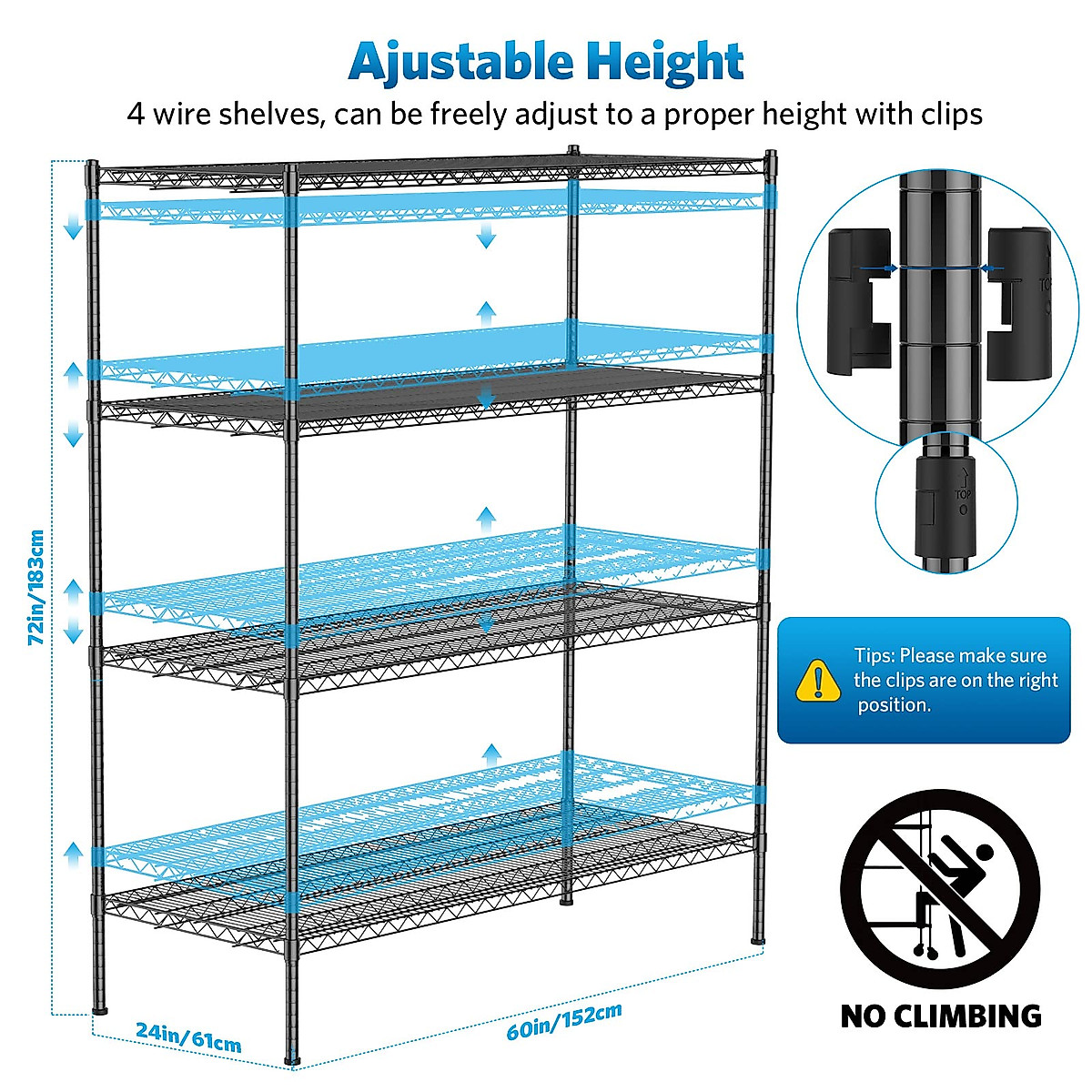 Raynesys Wire Shelving, 2000 Lbs Heavy Duty 60x24x72 Inch Shelving Metal Shelves with 4" Wheels, 4-Tier NSF Steel Wire Storage Shelf Commercial Grade Adjustable Utility Rack for Garage Kitchen, Black