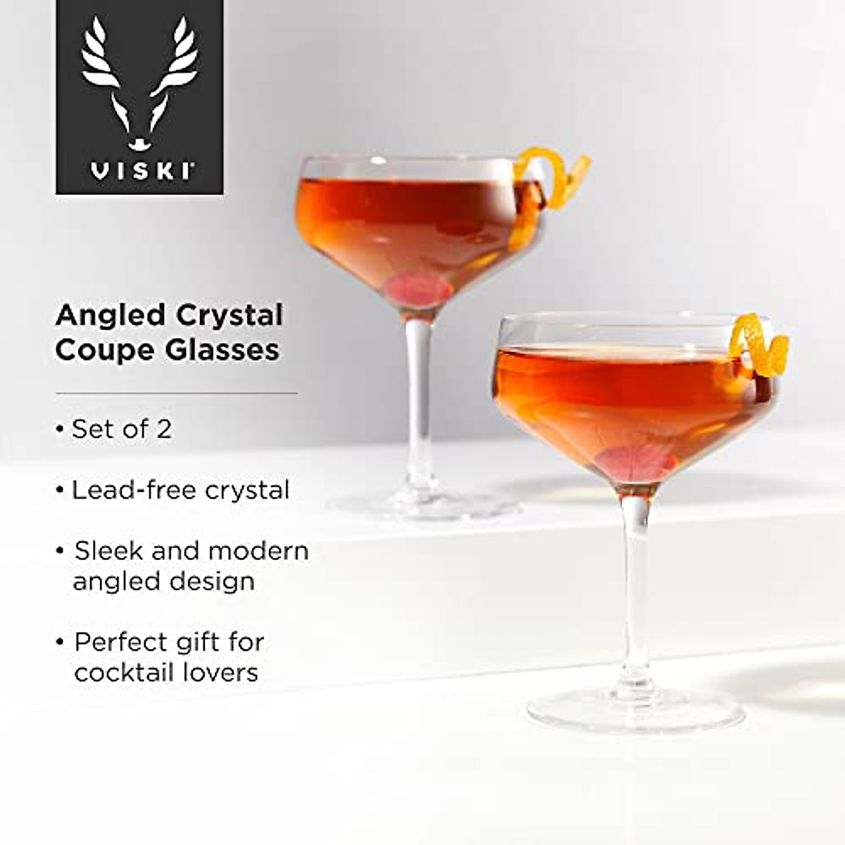 Viski Raye Angled Stemmed Crystal Coupe Cocktail glassess, Champagne Coupe Glasses, Drinkware Set, Espresso Martini glasses set of 2, 7oz