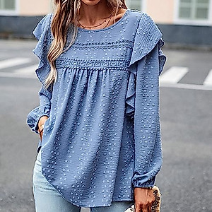 Orders Placed by me Womens Tops Dressy Casual Solid Color Long Sleeve Round Neck Blouses Swiss Dot Flowy Pleated Stylish Shirts Blue M