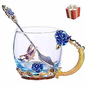 Flower Glass Tea Cups with Spoon Glass Coffee Mugs Enamel Handmade Unique Butterfly Rose for Women Valentine's Day Birthday Christmas New Year Decoration Wedding Gift (Rose-Blue-Short)