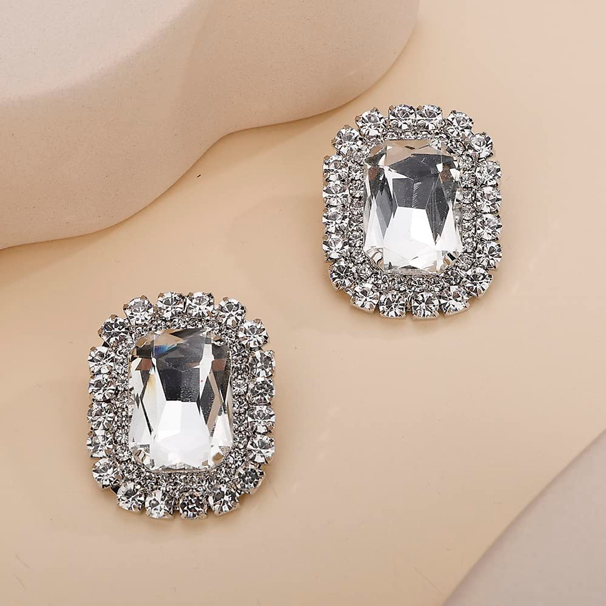 Denifery Square Crystal Earrings Rhinestone Stud Earrings Sparkling Crystal Stud Dangle Drop Earrings for Women Bling Stud Earrings for Prom Wedding (Silver)