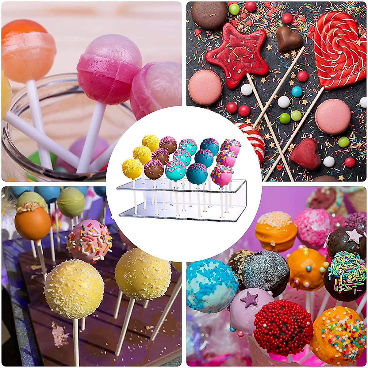 Aongch 2PCS Cake Pop Display Stand with 300 PCS Cake Pop Sticks and Wrappers Kit, 15 Hole Clear Acrylic Lollipop Holder for Weddings Birthday Parties Anniversaries Halloween Candy Green
