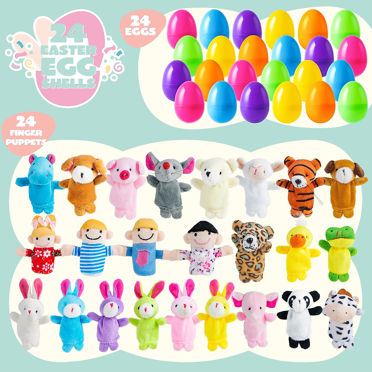JOYIN 24 Pcs Easter Eggs Filled with Finger Puppets, Prefilled Egg with Cartoon Animal Puppets for Kids Eggs Hunt, Basket Stuffers Fillers, Party Favors and Classroom Prize Supplies