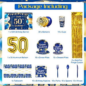 105Pcs Blue Gold 50th Birthday Decorations for Men Includes Navy Blue Happy 50th Birthday Banner 50th Birthday Balloons Gold Foil Fringe Curtains Tableware Set for 50th Birthday Party Supplies