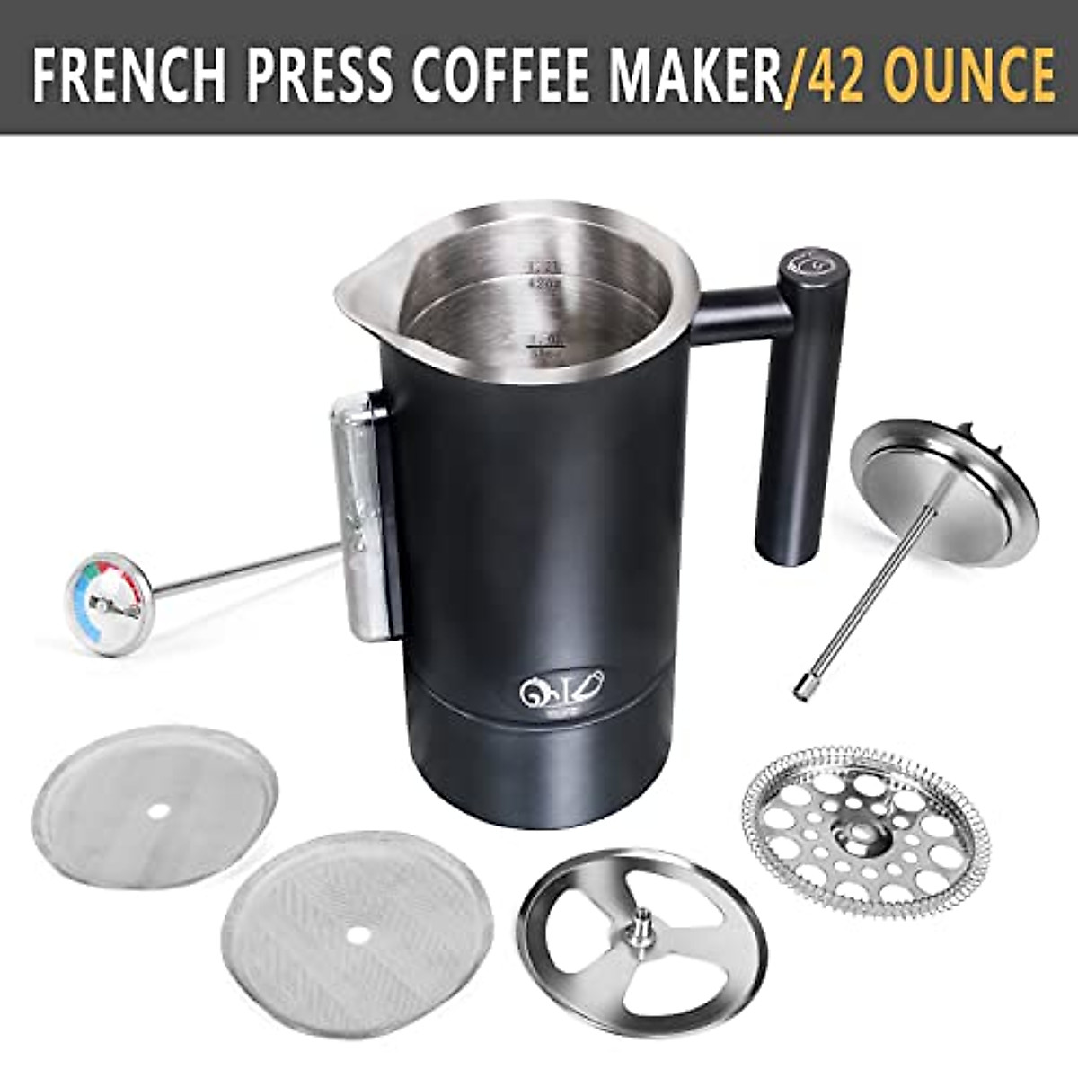 qidcfe French Press Coffee Maker ，304 Grade Stainless Steel Insulated ， Easy To Clean Removable Bottom，42oz(1.2L) Coffee Press for Home Office，Dishwasher Safe (black)