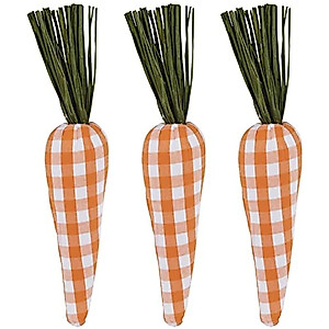 HAPPY DEALS ~ Plaid Easter Carrots | 9 Inch | Set of 3 | Easter Bowl Fillers and Decor (3/Orange/White)