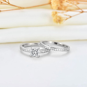 Vintage Bridal Ring Set for Women Princess Cut Bridal Sets Wedding Rings, 1-1/2 Carat(ctw) Moissanite Engagement Ring Set 925 Sterling Silver 10K 14K 18K Gold Engagement Ring Set Free Engraving