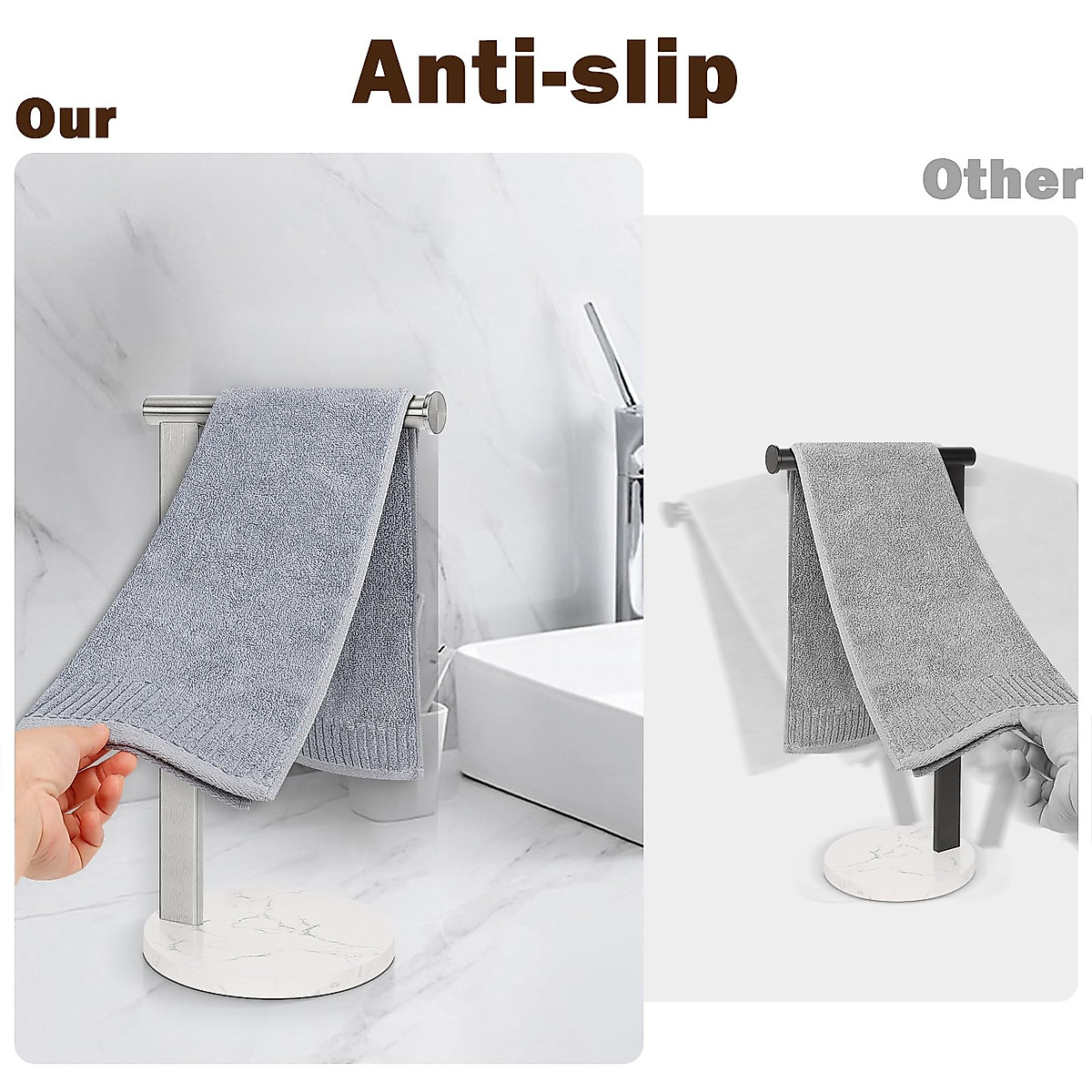 Siyzda Hand Towel Holder Stand for Bathroom, L- Shaped Standing Hand Towel Rack, Towel Bar Kitchen Vanity Countertop Organizer, SUS304 Stainless Steel Material (Marble Base, Brushed Nickel)