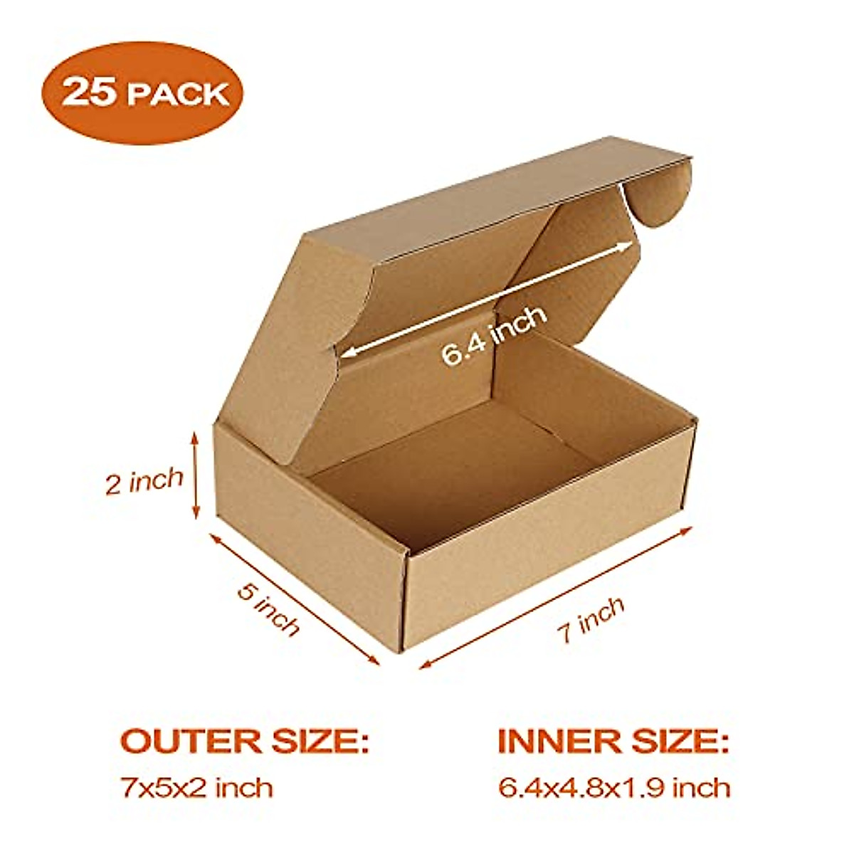 PHAREGE 7x5x2 inch Shipping Boxes 25 Pack, Brown Corrugated Cardboard Mailer Boxes, Small Mailing Boxes for Packaging Small Business
