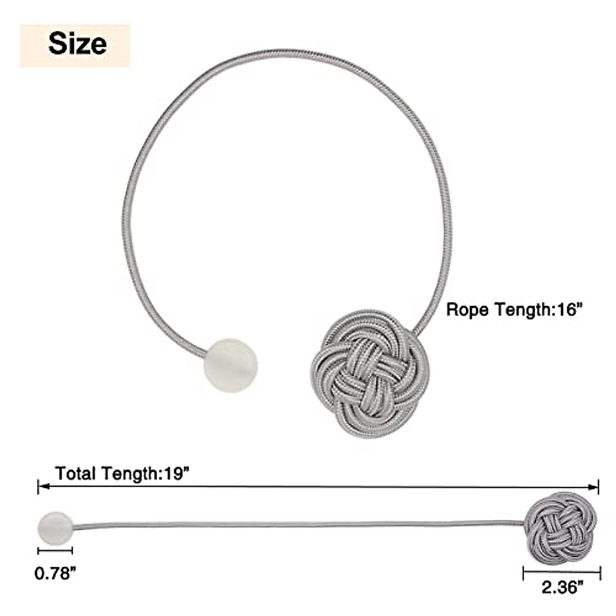 HIASTRA Strong Magnetic Curtain Tiebacks, 2 Pack Curtain Tie Modern Window Decorative Tie Backs for Curtains Rope Outdoor Holder for Sheer Blackout Drapes, Silver Grey