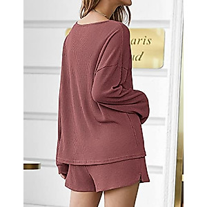 Ekouaer Womens Waffle Knit Long Sleeve Top and Shorts Loungewear Thick Pajama Set, A-rose Red, Large