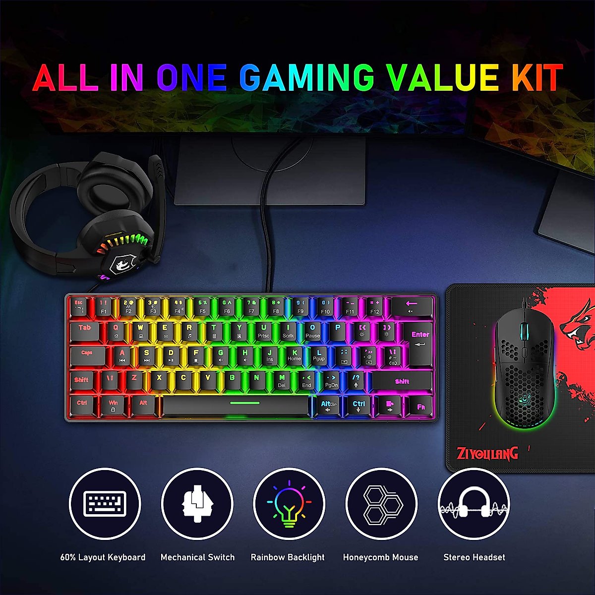 Mechanical Gaming Keyboard and Mouse Mini Wired Combo with RGB Headset Rainbow Backlight Ergonomic 62Key Anti-Ghosting Adjustable Mic 6400DPI Mice USB-C for PC Gamer Computer Typist(Black/Red Switch)