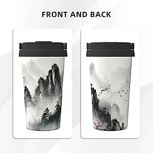 GTKSYNVE Reusable Coffee Mug with Lid and Handle, Ink Painting Style Mountain Tumbler for Hot & Cold Drinks 16oz Stainless Steel Insulated Coffee Tumblers Double Wall Vacuum Thermal Cup