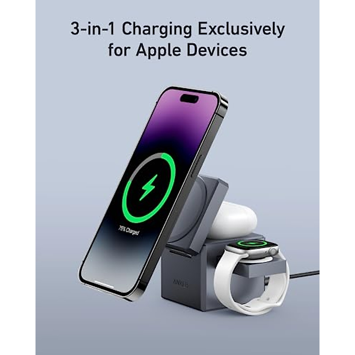 Anker MagSafe Charger Stand,Anker 3-in-1 Cube with MagSafe, 15W Max Fast Charging Stand, Foldable Wireless Charger for iPhone 15/14/13, Apple Watch S1-8/Ultra, AirPods (30W USB-C Charger Included)