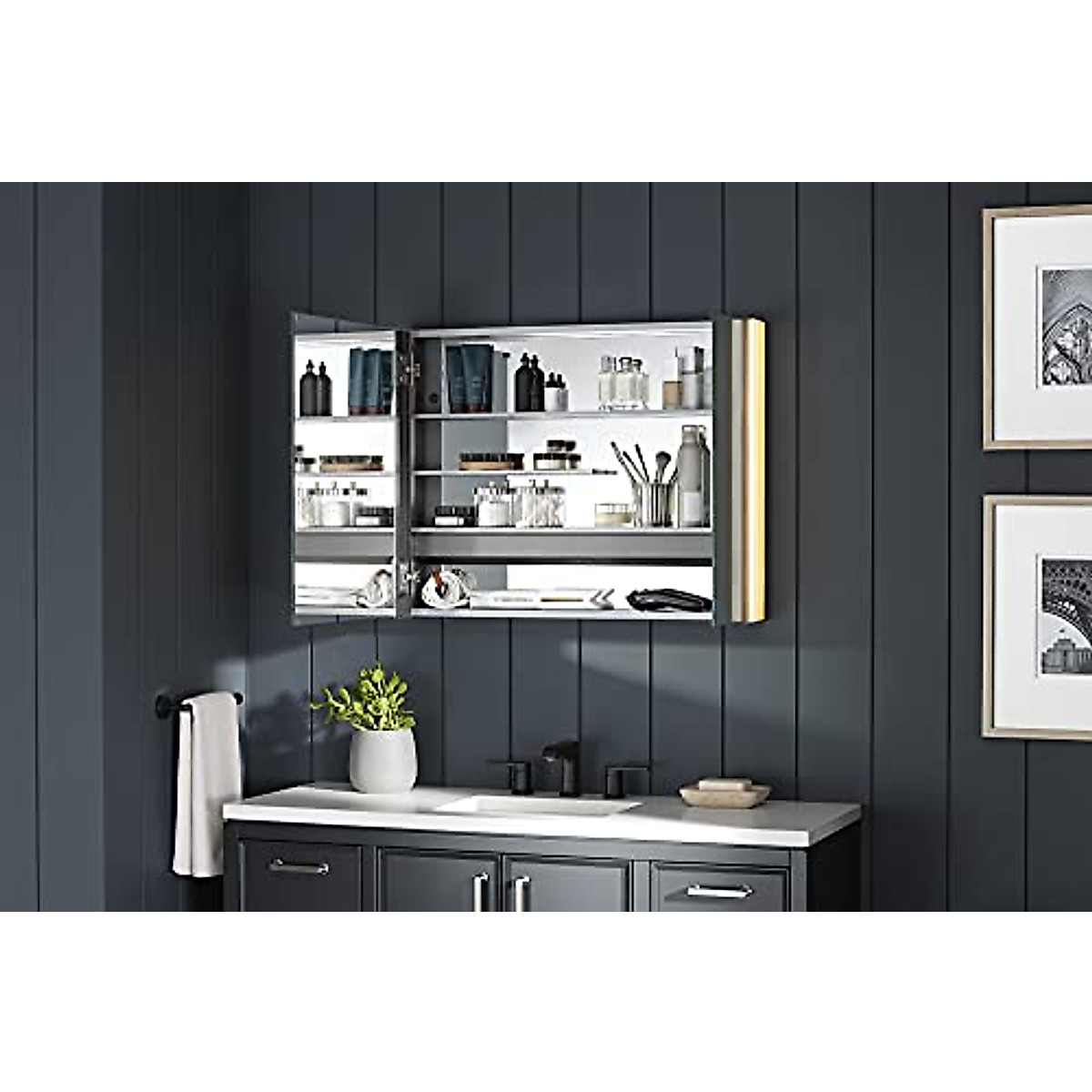 KOHLER K-81146-SLE-DA1 Maxstow Medicine Cabinet with LED Light, Mirror Doors & Staggered Shelves, Rectangular Frame, 32" x 24"