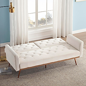 NoeBanJe Mid Century Modern Velvet LoveSeat Couches, Convertible Futon Sofa Bed with Metal Legs and Pillows, Adjustable Sleeper Sofa for Small Spaces, Bedroom Living Room (Beige)