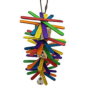 Tropical Chickens Chewing Stick with Wood Block Toy - Multicolored Natural Eco-Friendly Enrichment Toy with Bell for Bird Enrichment Conure Lovebird Cockatiels Small and Medium Birds