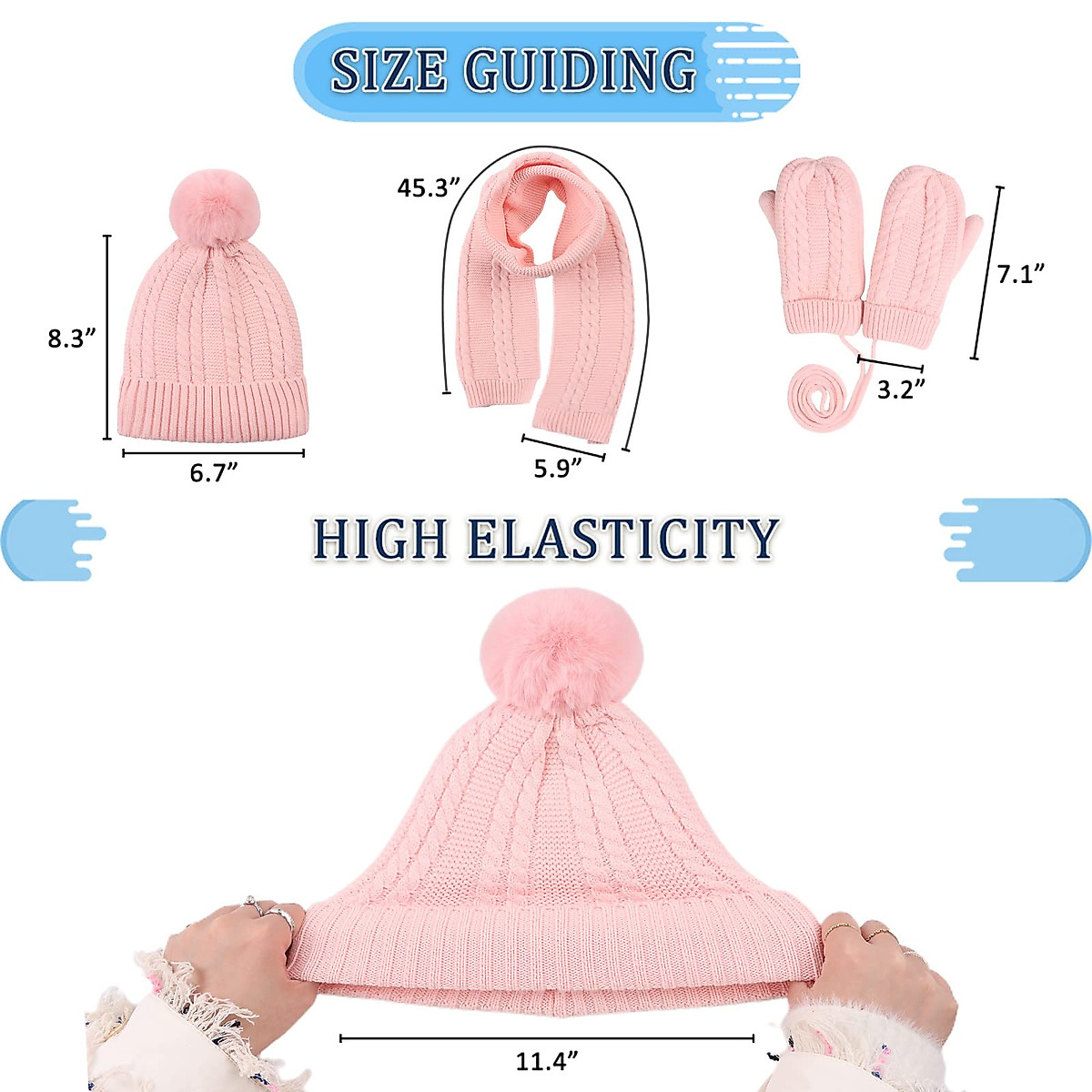 Kids Winter Hat Scarf Mittens Set Toddler Knitted Beanie Girls Fleece Children Neck Warmer Boys Warm Gloves 2-7 Years (Light Pink)