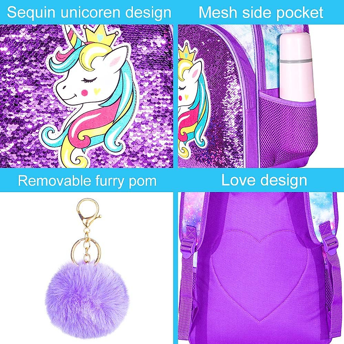 TXHVO 3PCS Unicorn Backpack for Girls, 16" Sequin Kids Bookbag with Lunch Box, School Backpacks for Elementary Preschool Preschool- Purple