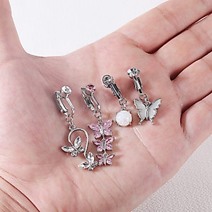 BodyAce 4pcs Fake Belly Rings Dangling Fake Belly Button Ring, Snake Evil Eye Heart Clip On Faux Navel Rings, Devil Butterfly Non Piercing Belly Jewelry (A:4pcs Fake Belly Rings)