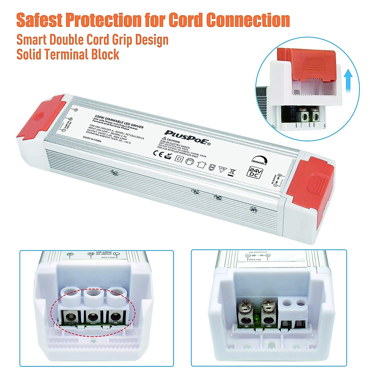 PLUSPOE 24V 120W Dimmable Led Driver, 110V AC to 24V DC Low Voltage Power Supply Dimming Transformer for 24V LED Strip Lights,Compatible with Lutron, Leviton and Other Wall Dimmer