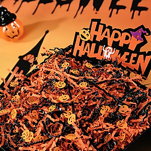 UNIQOOO 1LB Halloween Crinkle Cut Paper, Metallic Black Orange Shredded Paper Raffia Filler w/Pumpkin Confetti, Trick or Treat Candy Gift Basket Box Craft Bedding Cushion, Birthday Party Packaging