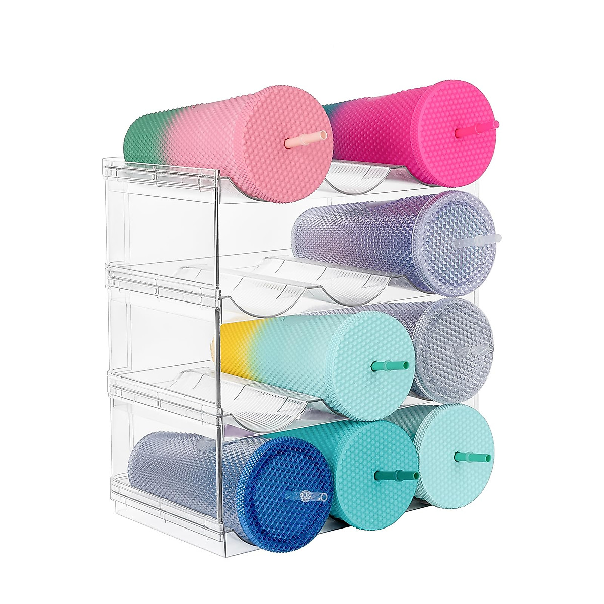 HOGARSWE Water Bottle Organizer, Storage Holder for Kitchen Organization,Fridge, Pantry,Cabinet,Countertop,Cupboard- Plastic Cup Rack Shelf for Wine,Drinks- 4 Layers,Each Rack Holds 3 Containers,Clear