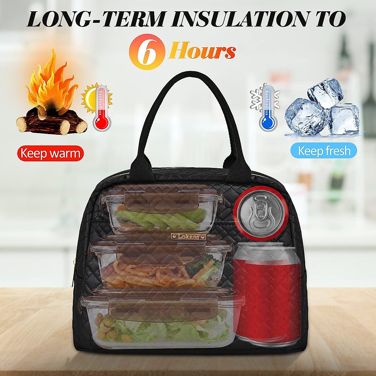 LOKASS Lunch Bag Women Insulated Lunch Box Thermal Lunch Tote Bags for Adults Work(Black-Embroidery)