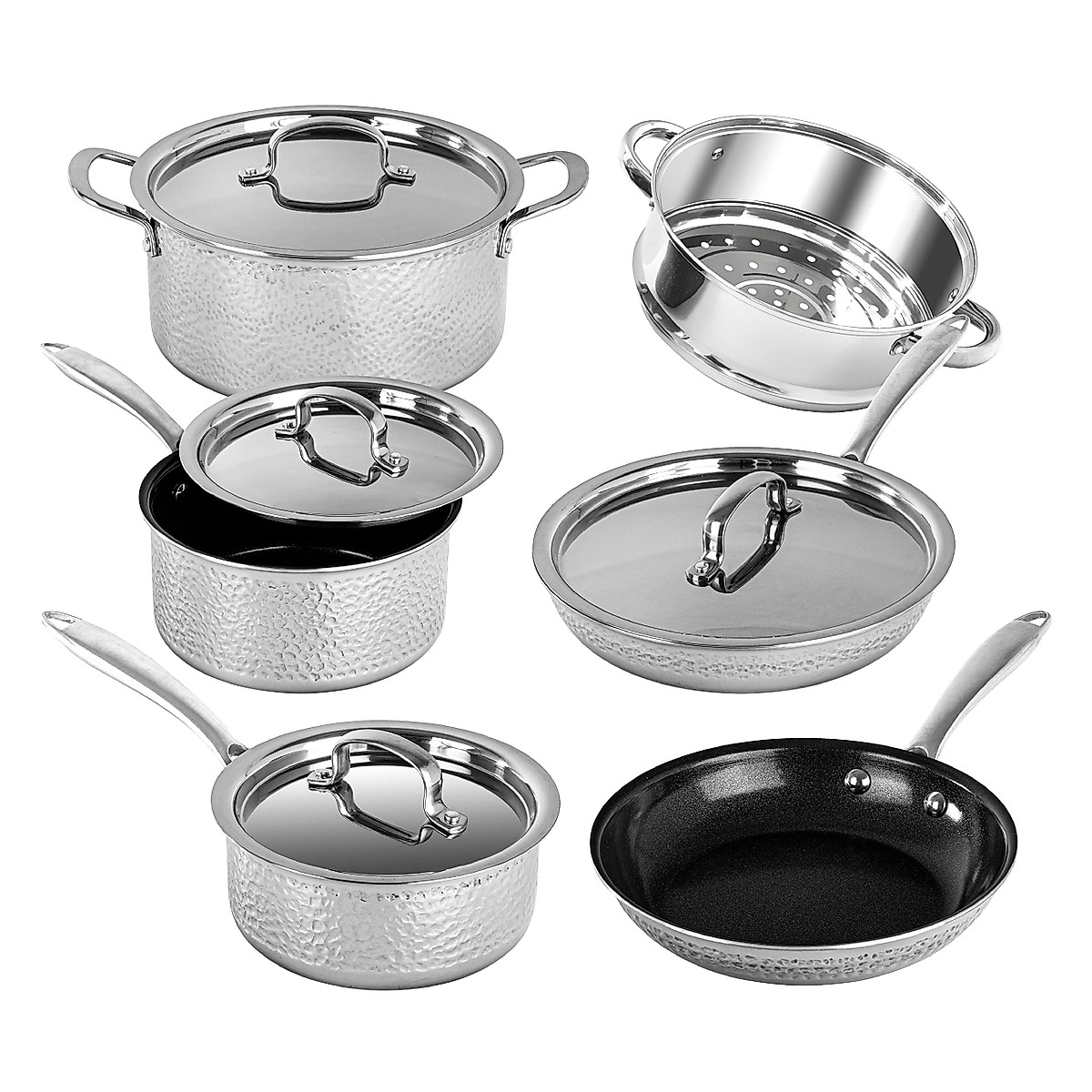 Granitestone Stainless Steel Pots and Pans Set Nonstick, 10 Pc Ceramic Kitchen Cookware Set, Induction Capable, Long Lasting Nonstick, Hammered Design, Cool Handles, Dishwasher Safe, 100% Toxin Free