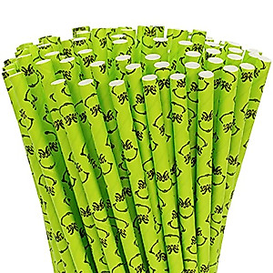 Whaline 200Pcs Christmas Paper Straws Green Cartoon Character Disposable Straws Xmas Funny Face Full Covered Drinking Straws for Christmas Winter Party Wedding Birthday Decoration Supplies