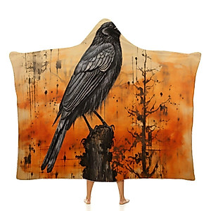 Hooded Blanket Adult Orange And Black Crow HalloweenWearable Hooded Blanket Flannel ThrowVintage Crow Black Hooded Blanket for Women Men Child for Couch Bed 50"x60" Spring Summer Blanket Hoodie