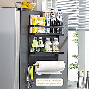 Thipoten Magnetic Spice Rack, 2-in-1 Foldable Strong Magnetic Shelf with Paper Towel Holder, Perfect Space Saver for Small Kitchen/Apartment, Easy to Install on The Side of Refrigerator(2 Tier, Black)