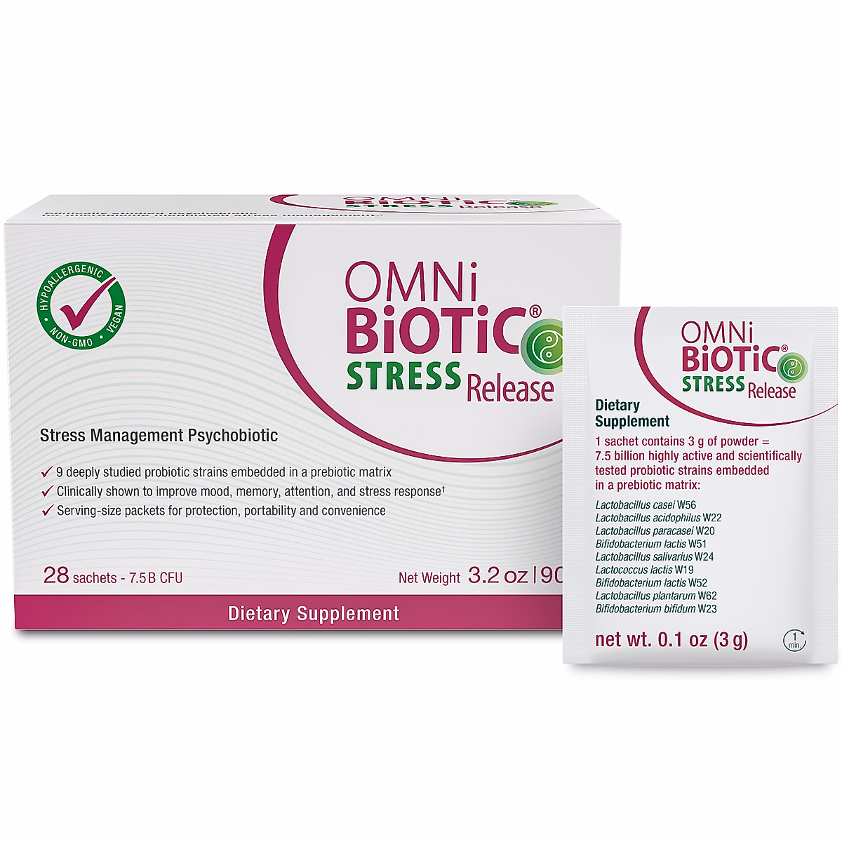 OMNi BiOTiC Stress Release - Clinically Tested Probiotic for Stress Management & Gut-Brain Axis Support - Stress Probiotic and Mood Probiotic - Vegan, Non-GMO (28 Daily Packets)
