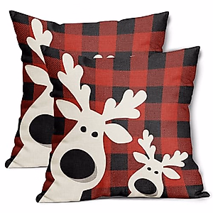 Deer Christmas Pillow Covers 16X16 Inch Xmas Reindeer Black Red Buffalo Plaid Checkered Couch Pillow Cases Set of 2 Winter Holiday Cotton Cushion Case Farmhouse Home Decor For Bed Sofa Couch Room