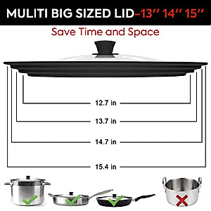 13-14-15in Universal Lid for Pots,Pans,Skillets,Large Replacement Frying Pan Cover,Big Cookware Lids,Tempered Glass with Heat Resistant Silicone Rim,Knob, BPA Free,Dishwasher Safe