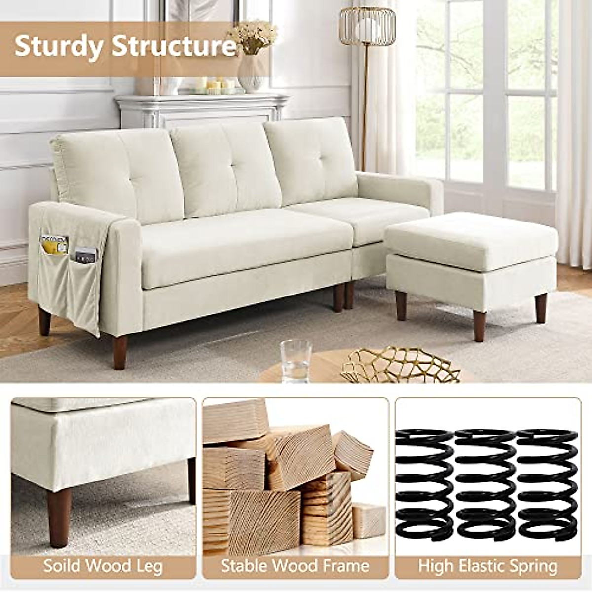 Tmsan Convertible Sectional Sofa, L Shaped Couch Bed with Movable Ottoman, Reversible 3 Seater Sleeper for Living Room, Small Space, Beige