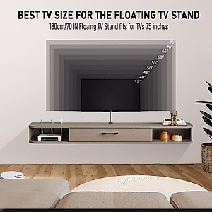 Pmnianhua Floating TV Stand,70'' Wall Mounted Floating TV Shelf for TVs up to 75 inches, Floating TV Wall Unit with Shelves for Gaming Consoles Small Spaces Apartments,Bedrooms (Light Grey Oak)