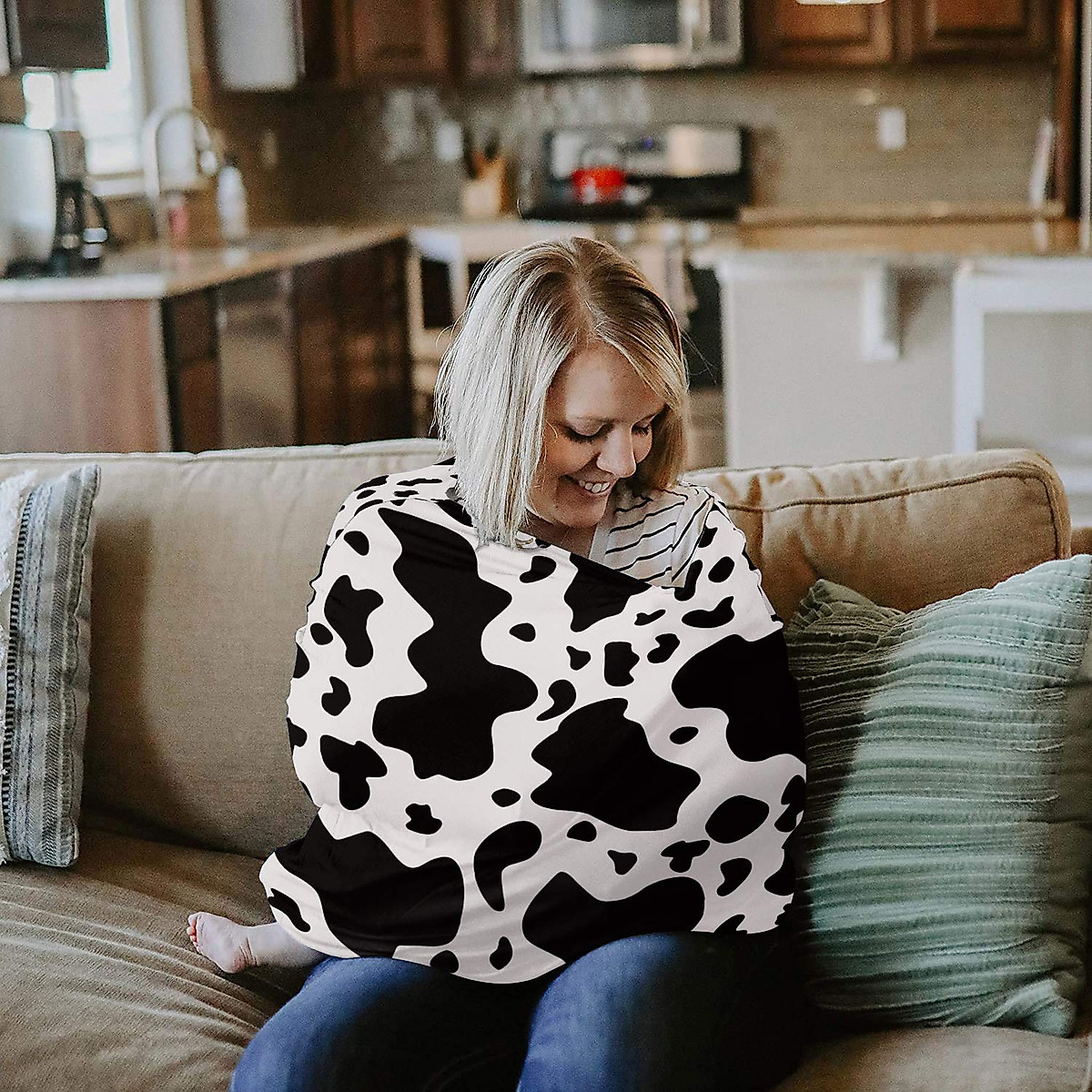Nursing Cover for Breastfeeding Scarf Super Soft Cotton Multi Use for Baby Car Covers Canopy Shopping Cart Cover Blanket Stroller Cover-Cow Print Animal Themed Black White