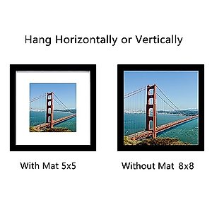 PEALSN 8x8 Picture Frame, Display Pictures 5 x 5 with Mat or 8 x 8 Without Mat for Wall Mounting Display, Photo Frames, Black.