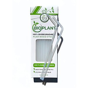 BIOPLANT 100 Pack Plant-based Corn Biodegradable Straws. Flexible Bendable Bendy Straws, Plastic-Free disposable straws. Eco Friendly alternative to Plastic Straws & Not Soggy like Paper Straws