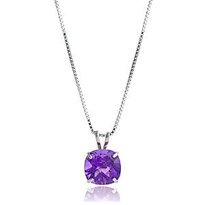 MAX + STONE 14k White Gold 8mm Cushion Cut February Birthstone Amethyst Solitaire Pendant Necklace for Women with 18 inch Box Chain