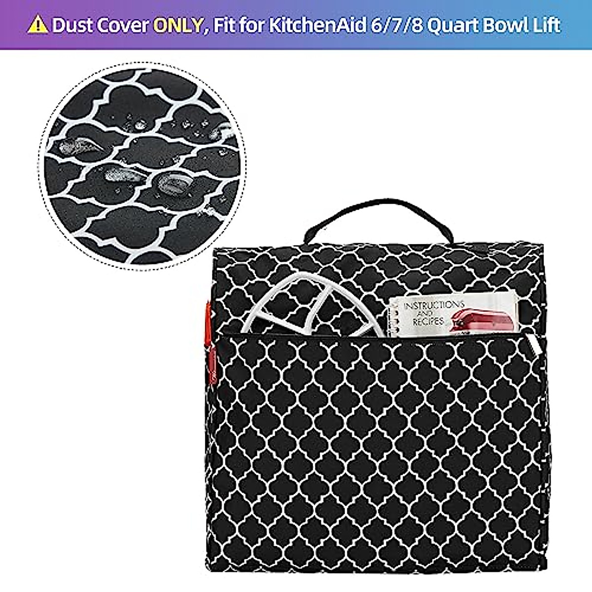 NICOGENA Stand Mixer Cover Compatible with KitchenAid 6/7/8 Quart Bowl Lift, Dust Cover with Zipper Pocket for Accessories, Lantern Black