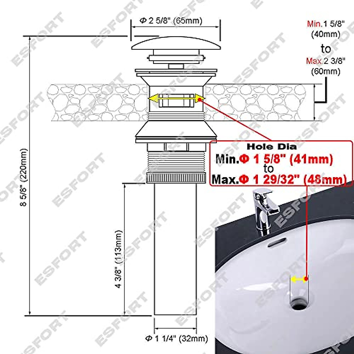 ESFORT Bathroom Sink Pop Up Drain with Overflow, Sink Pop Up Drain Stopper, Polished Chrome