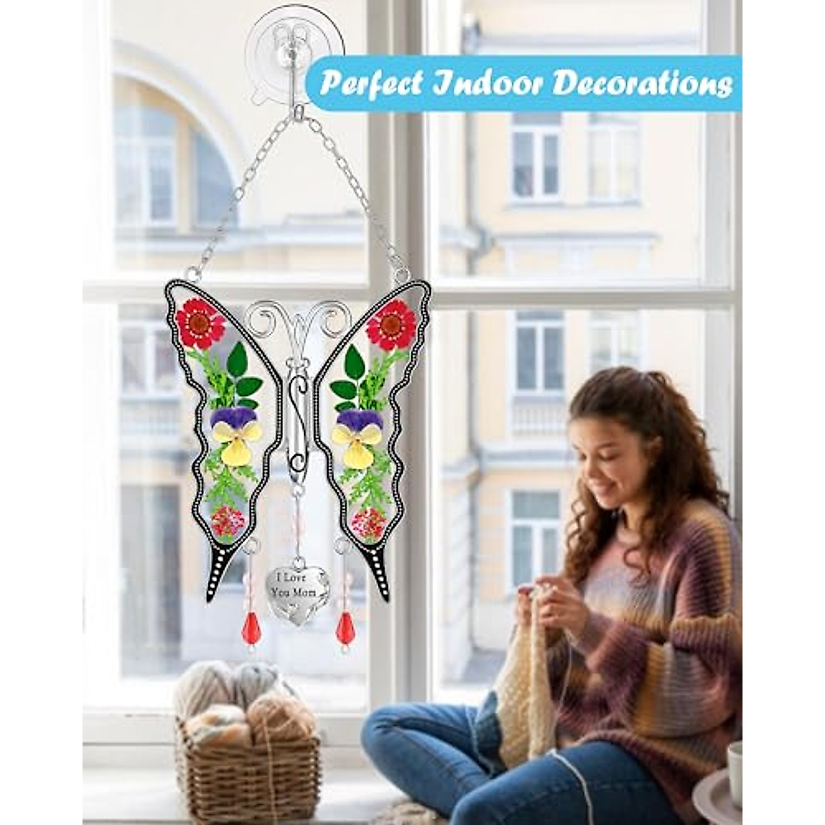 KY&BOSAM Butterfly Suncatcher Mother`s Day Gift I Love You Mom Stained Glass Suncatchers Hanging Ornament for Window Wind Chime Gifts for Mother`s Day Valentine`s Birthday Christmas Dream Catchers