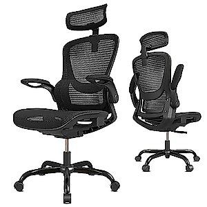 GABRYLLY Ergonomic Office Desk Chair, High Back Mesh Chair with Adjustable Flip-up Arms & Headrest, Swivel Computer Task Chair with Lumbar Support, Tilt Function for Home,Office & Student(Black)
