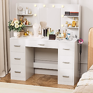 VICTONE Vanity Desk with LED Lighted Mirror&Power Outlet, 3 Model Lights Makeup Vanity Table with 7 Drawers and 6 Storage Shelves for Bedroom and Dressing Room (White)