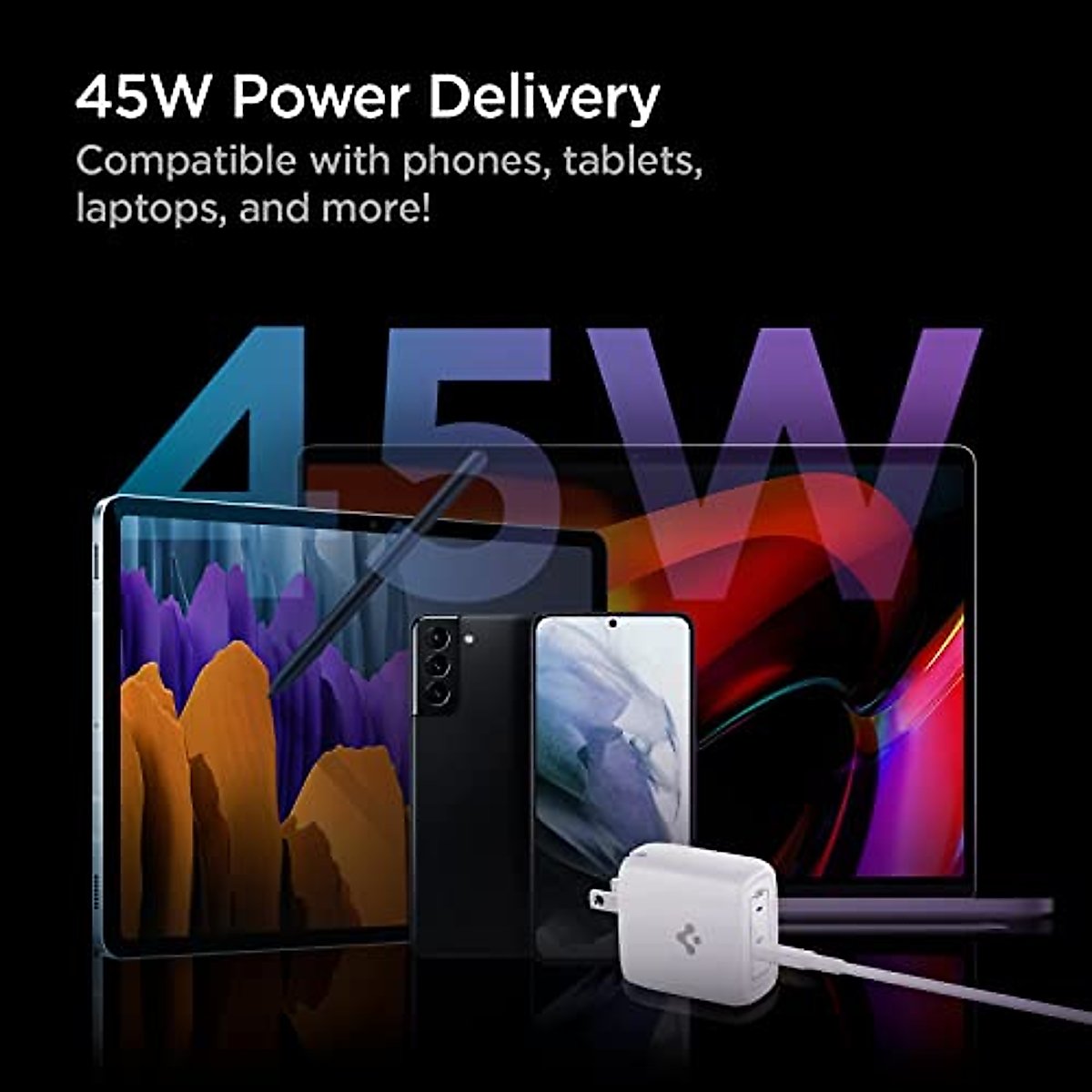 USB C Charger, Spigen [GaN Fast] 45W PD 25W PPS Super Fast Charge Type C for Galaxy S23 Ultra S22 S21 Plus FE Z Fold Flip 4 3 S20 Note 20 Pixel 6 Pro Tab S7 iPad (Cable Included/Foldable Plug)